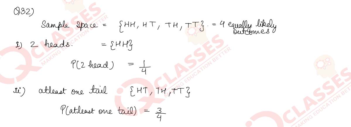Q32 Two coins are tossed once. Find the probability of getting 2 heads at least one tail